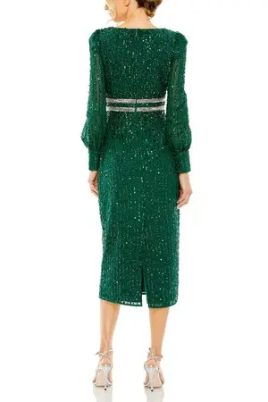 Mac Duggal Sequined V-neck Bishop Sleeve Dress - Emerald