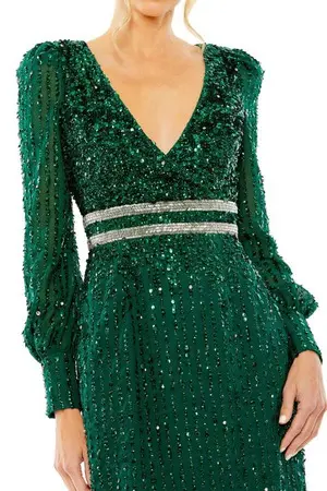 Mac Duggal Sequined V-neck Bishop Sleeve Dress - Emerald