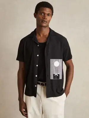 REISS Coast Graphic Print Cuban-collar Shirt