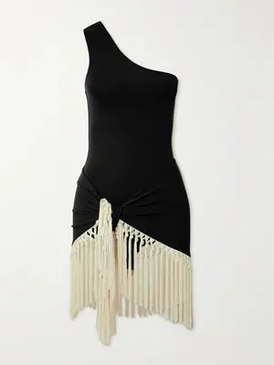 TALLER MARMO Yacare One-shoulder Swimsuit And Fringed Pareo Set - Black