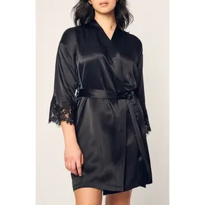 PETITE PLUME Lace Trim Mulberry Silk Robe - Black