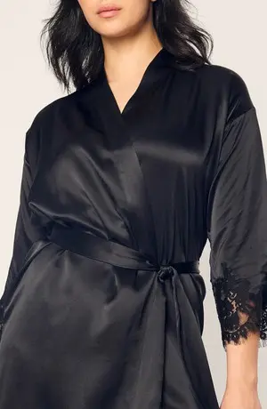 PETITE PLUME Silk Lace Robe - Black