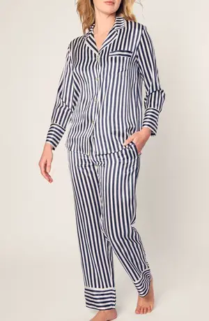 PETITE PLUME Bengal Stripe Silk Pajamas - Navy