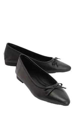 FOREVER & ALWAYS SHOES Ruby Leather Pointed Toe Ballerinas - Black Leather