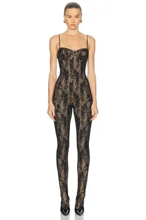 Norma Kamali Underwire Catsuit - Black Stretch Lace & Nude