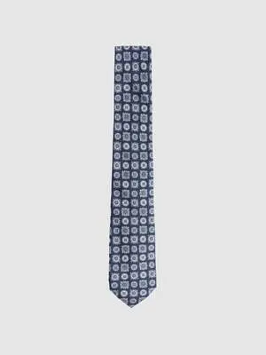 REISS Primo Silk Foulard Medallion Print Tie - Eclipse Blue