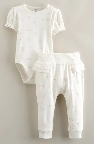 Nordstrom Nordstrom Print Cotton Bodysuit & Ruffled Joggers Set Ivory Egret Bunny Leap