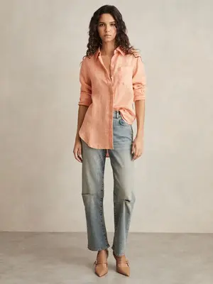 REISS Belle Linen Button-through Shirt - Orange