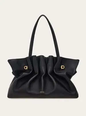 FERRAGAMO Soft Nappa Leather Shoulder Bag With Gancini Pin - Black