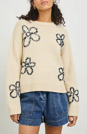 Rails Zoey Floral Stitch Sweater - Ivory Navy Stitched Daisies