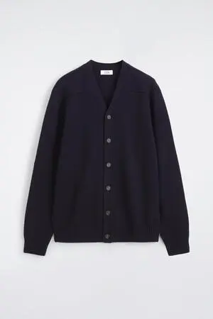 Cos Merino Wool V-neck Cardigan With Ribbed Trims And Pockets - Blue