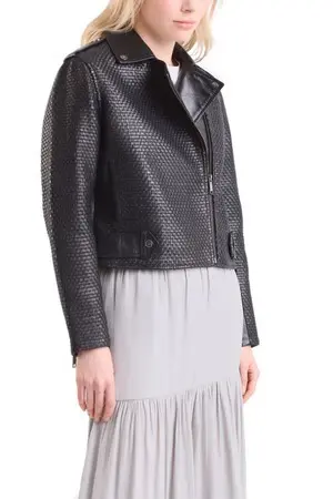 VELEZ Claire Leather Woven Biker Jacket