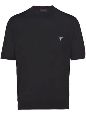 Prada Embroidered Logo Wool Short Sleeved Shirt - Black