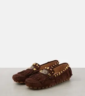 Valentino Garavani Vlogo Fringed Suede Driving Shoes - Brown