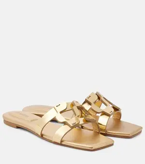 Simkhai Logo Metallic Leather Slides - Gold