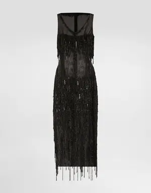 Dolce & Gabbana Sleeveless Marquisette Dress With Sequined Fringing - Black