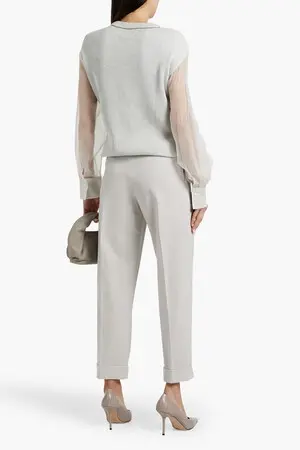 Brunello Cucinelli Chiffon-paneled Ribbed Cotton Sweater