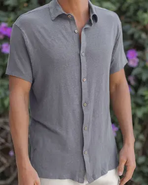 ALEX CRANE Ola Linen Knit Regular Fit Button Down Shirt - Slate