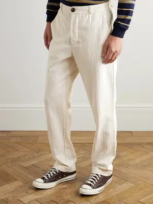 Oliver Peoples Slim-fit Straight-leg Herringbone Cotton Trousers