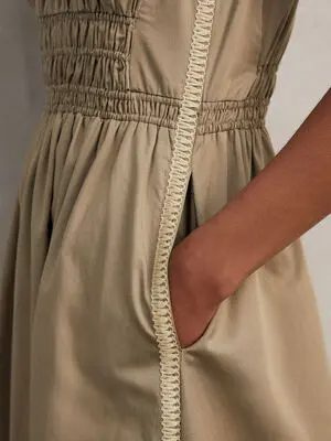 REISS Cotton Craft-stitch Shirred Midi Dress