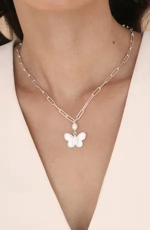 Ettika Butterlfy & Freshwater Pearl Pendant Necklace - Silver