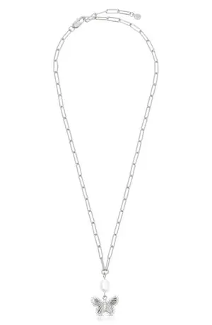 Ettika Butterlfy & Freshwater Pearl Pendant Necklace - Silver
