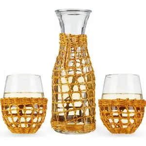 TWINE Island Carafe & Stemless Wine Glasses Set Of 3 - Beige
