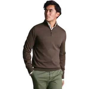CHARLES TYRWHITT Merino Zip Neck Long Sleeve Sweater - Mocha