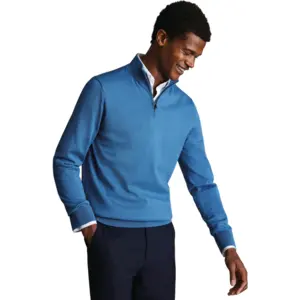 CHARLES TYRWHITT Merino Zip Neck Long Sleeve Sweater - Ocean Blue