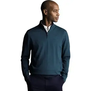 CHARLES TYRWHITT Merino Zip Neck Long Sleeve Sweater - Teal Green