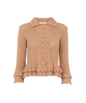 Chloé Fitted Ruffled Crochet Knit Cardigan - Pink | Editorialist