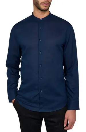 BROOKLYN BRIGADE Slim Fit Solid Linen Cotton Long Sleeve Shirt - Navy
