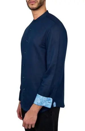 BROOKLYN BRIGADE Slim Fit Solid Linen Cotton Long Sleeve Shirt - Navy