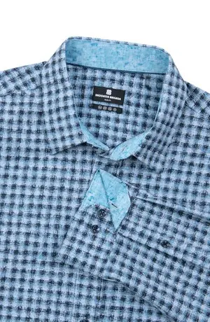BROOKLYN BRIGADE Slim Fit Wyckoff Blurry Gingham 4-way Stretch Performance Long Sleeve Shirt - Blue