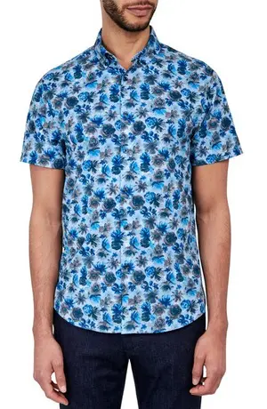 BROOKLYN BRIGADE Slim Fit Quay Watercolor Floral 4-way Stretch Performance Short Sleeve Shirt - Brown/blue