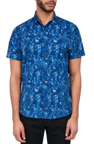 BROOKLYN BRIGADE Slim Fit Barlow Vintage Floral 4-way Stretch Performance Short Sleeve Shirt - Navy