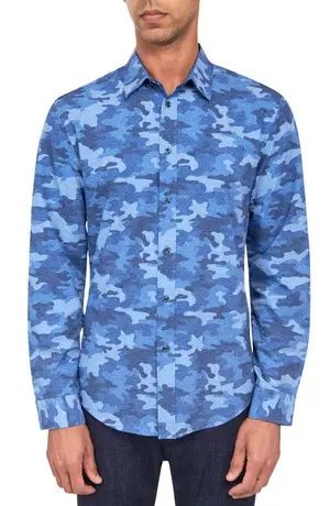 BROOKLYN BRIGADE Slim Fit Denim Camo 4-way Stretch Performance Long Sleeve Shirt - Blue