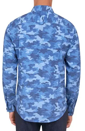 BROOKLYN BRIGADE Slim Fit Denim Camo 4-way Stretch Performance Long Sleeve Shirt - Blue