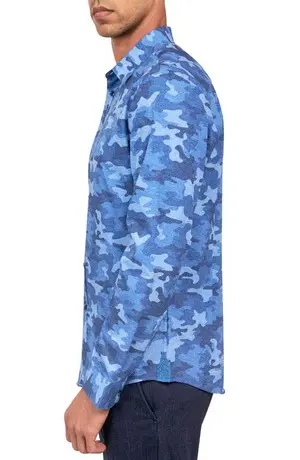 BROOKLYN BRIGADE Slim Fit Denim Camo 4-way Stretch Performance Long Sleeve Shirt - Blue