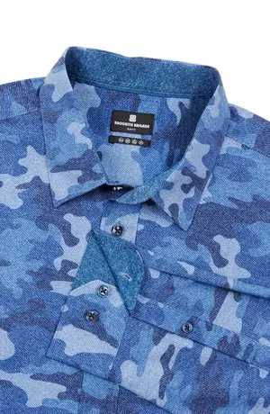 BROOKLYN BRIGADE Slim Fit Denim Camo 4-way Stretch Performance Long Sleeve Shirt - Blue