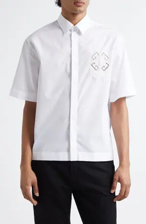 Givenchy Dripping Cutout Logo Short Sleeve Cotton Button-up Shirt - White
