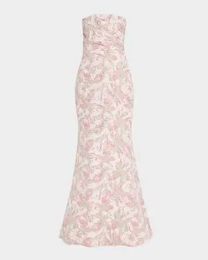 Badgley Mischka Badgley Mischka Collection Strapless Pleated Jacquard Gown - Pink Multi