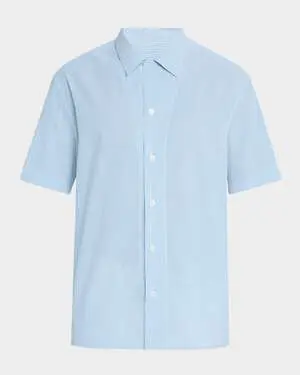 Brioni Stripe Cotton Seersucker Short-sleeve Shirt Greenwhite