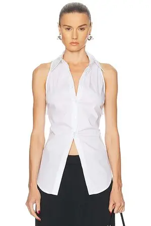 SIMONMILLER Sleeveless Poplin Button Up Top With Back Tie - Macadamia