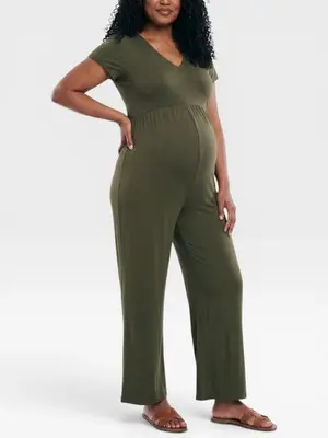 Motherhood Maternity Short Sleeve V-neck Jumpsuit With Flutter Sleeves And Belted Waist - Deep Depths