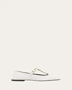 THE ROW Leather T-strap Ballerina Flats - White