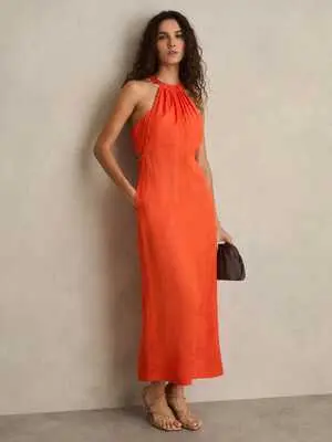 REISS Erika Whipstitch Halterneck Midi Dress - Red