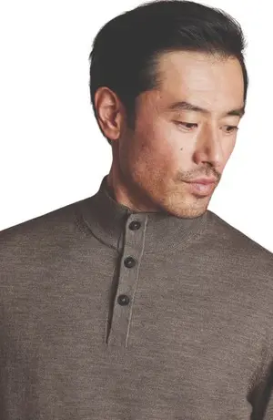 CHARLES TYRWHITT Pure Merino Button Neck Sweater - Mocha