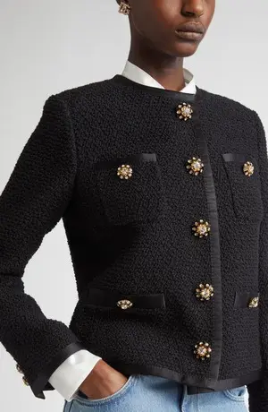 Dolce & Gabbana Bejeweled Button Crop Bouclé Tweed Jacket - Nero