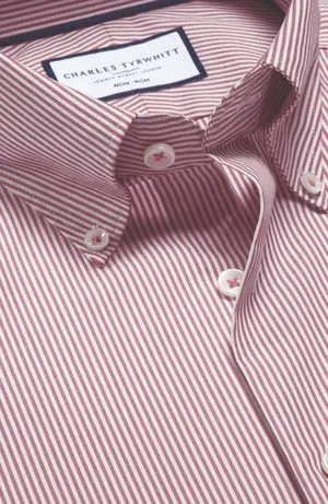CHARLES TYRWHITT Non-iron Stretch Pinpoint Oxford Stripe Shirt - Maroon Red